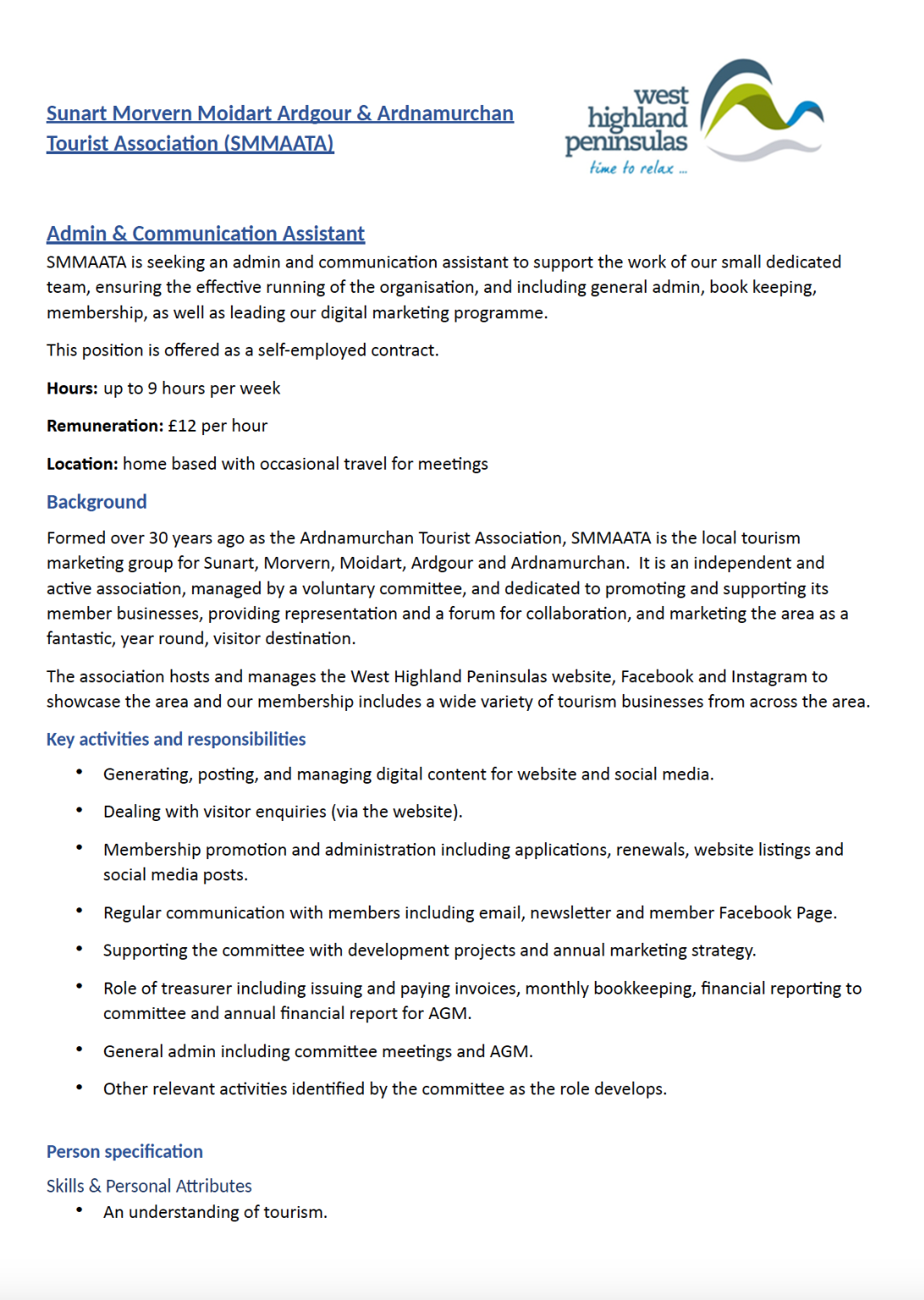 SMMAATA Admin & Communication Assistant | West Highland Peninsulas